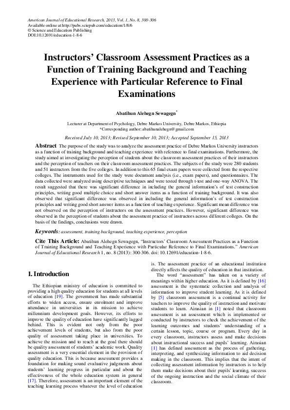(PDF) Instructors' Classroom Assessment Practices as a Function of ...
