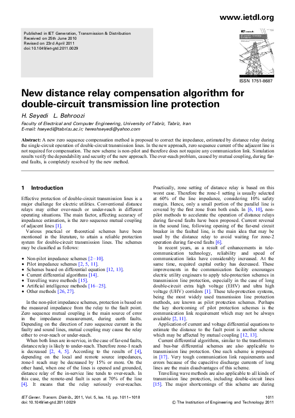 Pdf New Distance Relay Compensation Algorithm For Double Circuit