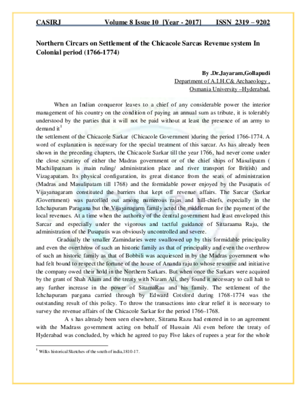(PDF) Northern Circars on Settlement of the Chicacole Sarcas Revenue ...