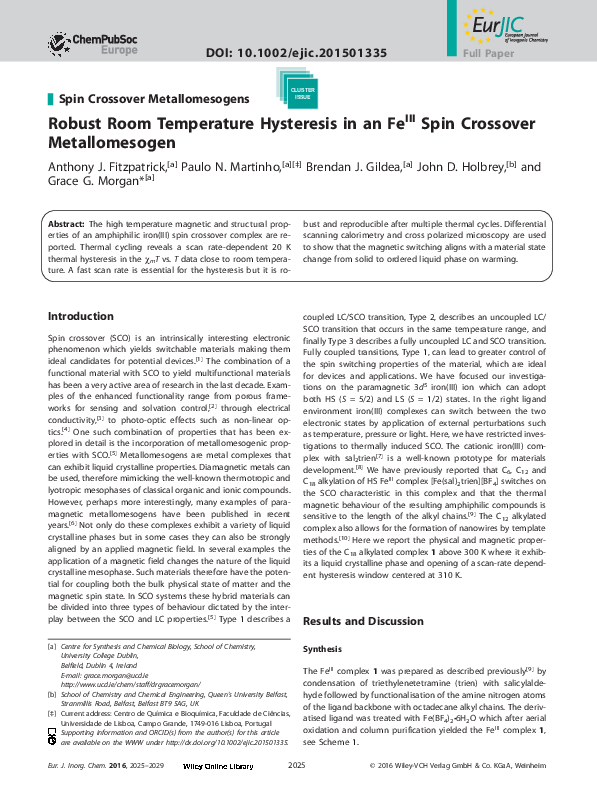 (PDF) Spin Crossover Metallomesogens Robust Room Temperature Hysteresis ...