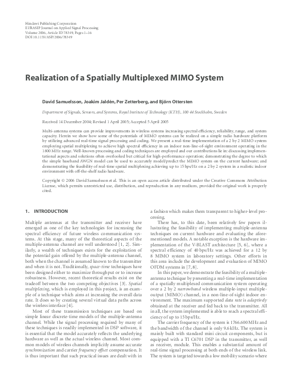Pdf Realization Of A Spatially Multiplexed Mimo System