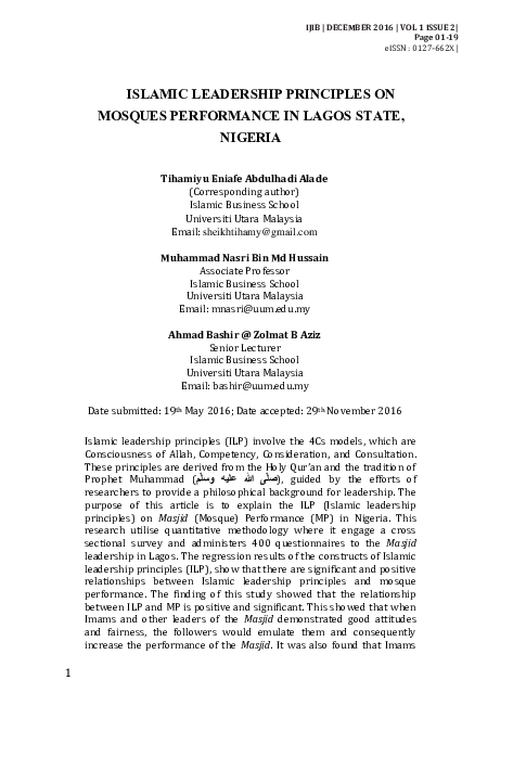 (PDF) ISLAMIC LEADERSHIP PRINCIPLES ON MOSQUES PERFORMANCE IN LAGOS ...