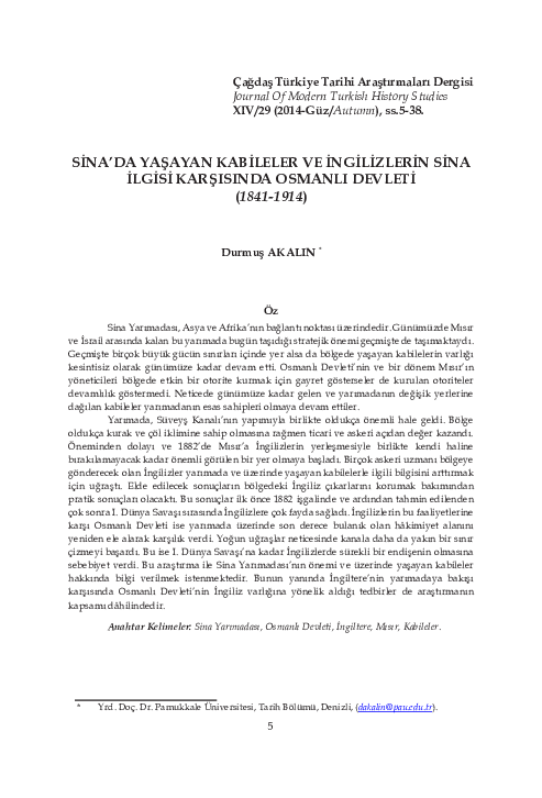 (PDF) SİNA'DA YAŞAYAN KABİLELER VE İNGİLİZLERİN SİNA İLGİSİ KARŞISINDA OSMANLI DEVLETİ (1841-1914