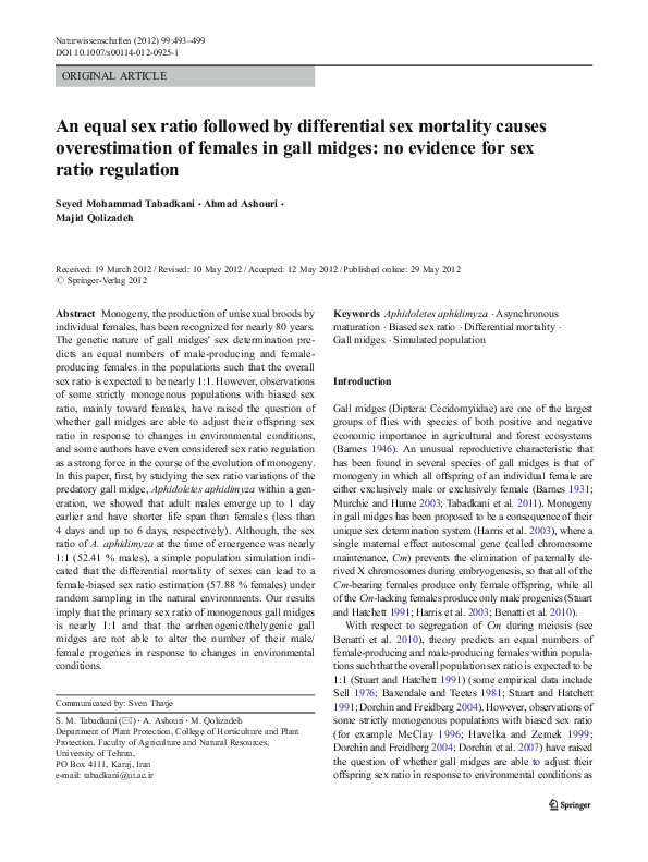 Pdf An Equal Sex Ratio Followed By Differential Sex Mortality Causes Overestimation Of Females