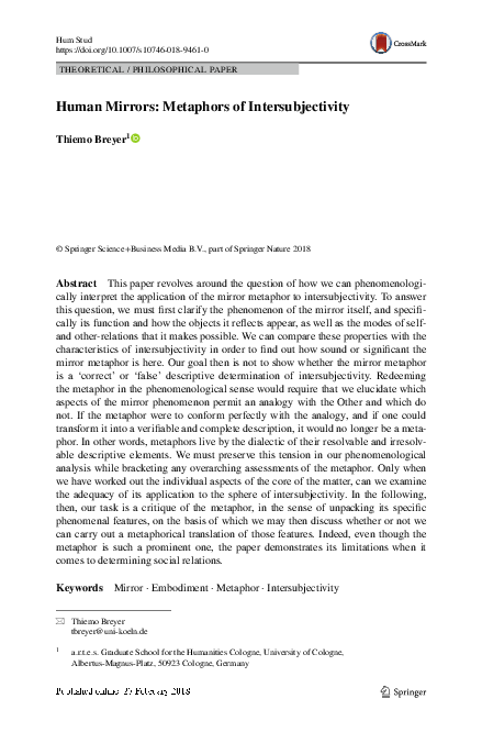 (PDF) Human Mirrors: Metaphors of Intersubjectivity (2018)