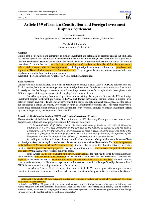 (PDF) Article 139 of Iranian Constitution and Foreign Investment ...