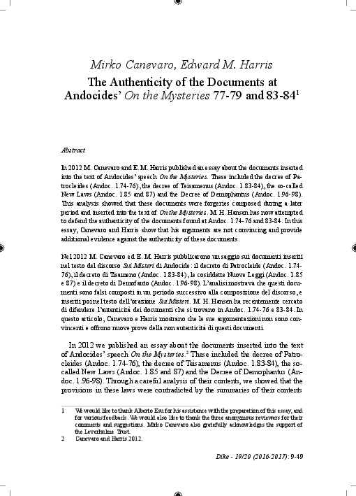 (PDF) The Authenticity of the Documents at Andocides’ On the Mysteries ...