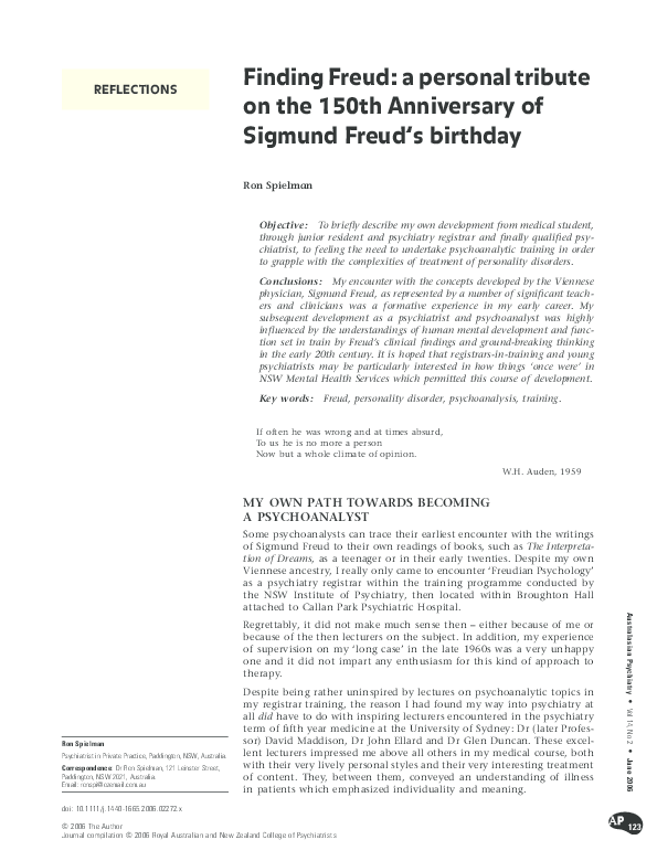 (PDF) Finding Freud: a personal tribute on the 150th Anniversary of ...