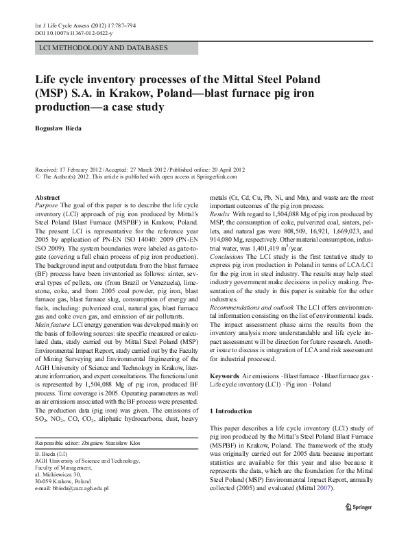 (PDF) Life cycle inventory processes of the Mittal Steel Poland (MSP) S ...