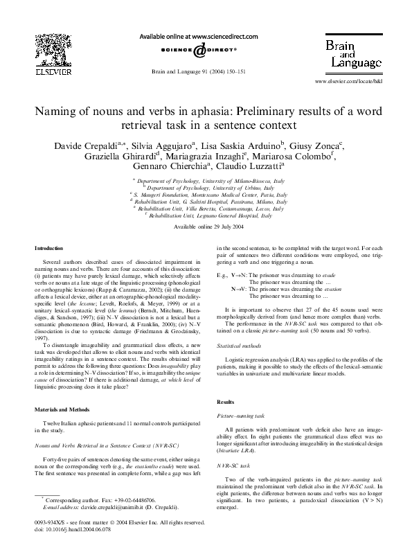 (PDF) Naming of nouns and verbs in aphasia: Preliminary results of a ...