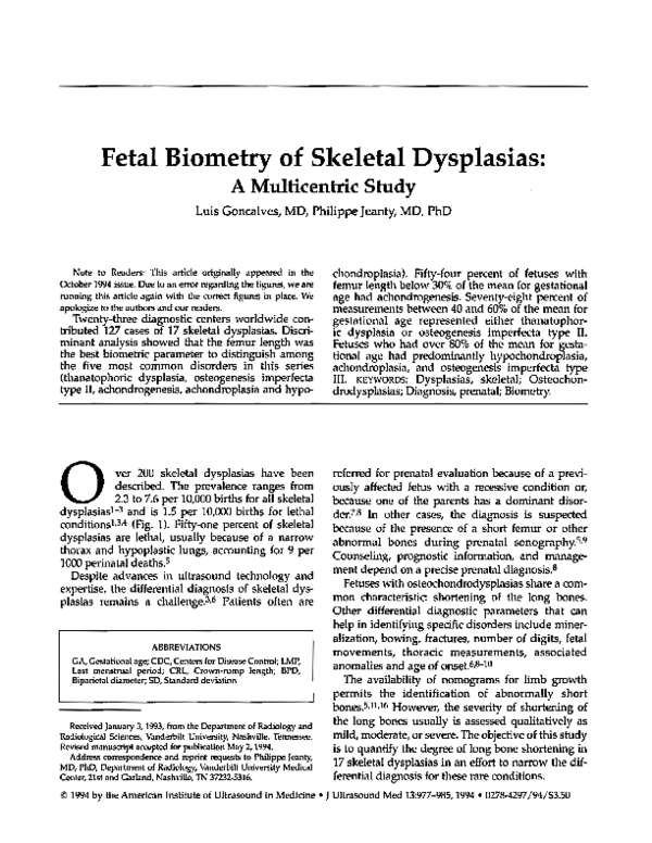 (PDF) Fetal biometry of skeletal dysplasias: A multicentric study