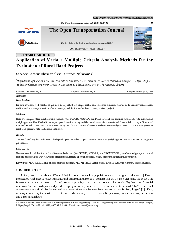 (PDF) The Open Transportation Journal Application of Various Multiple ...