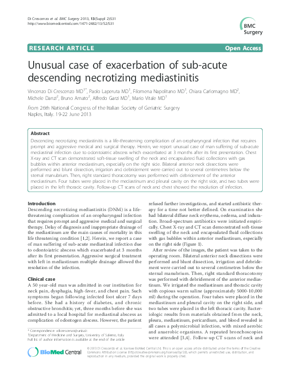 (PDF) Unusual case of exacerbation of sub-acute descending necrotizing mediastinitis