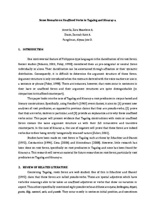 (PDF) Some Remarks on Unaffixed Verbs in Tagalog and Kinaray-a