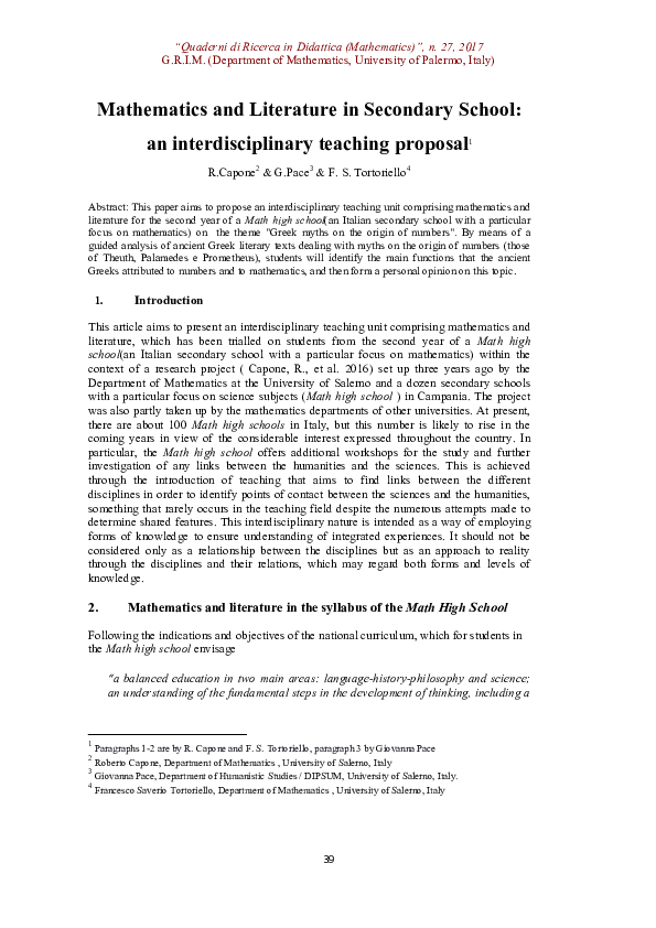 (PDF) Mathematics and Literature in Secondary School: an ...