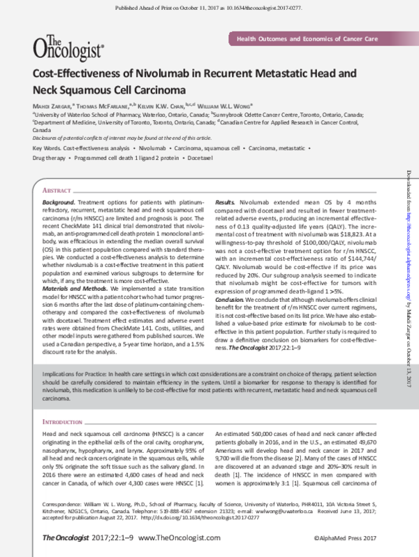 (PDF) Cost-Effectiveness of Nivolumab in Recurrent Metastatic Head and Neck Squamous Cell Carcinoma