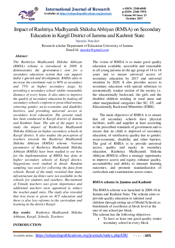 (PDF) Impact of Rashtriya Madhyamik Shiksha Abhiyan (RMSA) on Secondary ...
