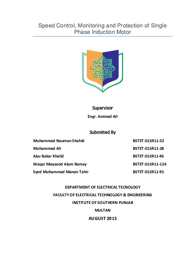 Doc Speed Control Monitoring And Protection Of Single Phase Induction Motor Submitted By