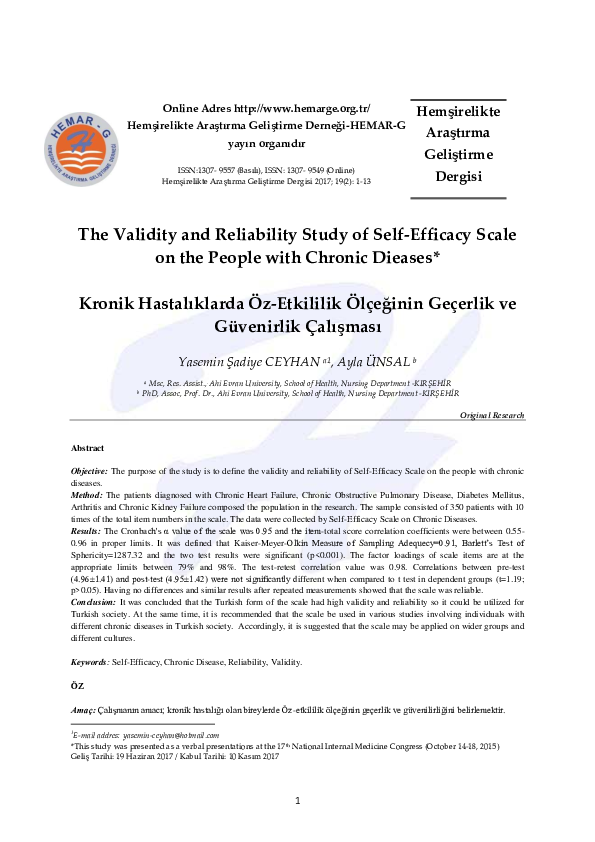 (PDF) The Validity and Reliability Study of Self-Efficacy Scale on the People with Chronic ...