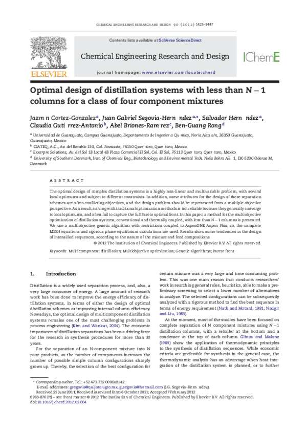 (PDF) Optimal design of distillation systems with less than N−1 columns ...