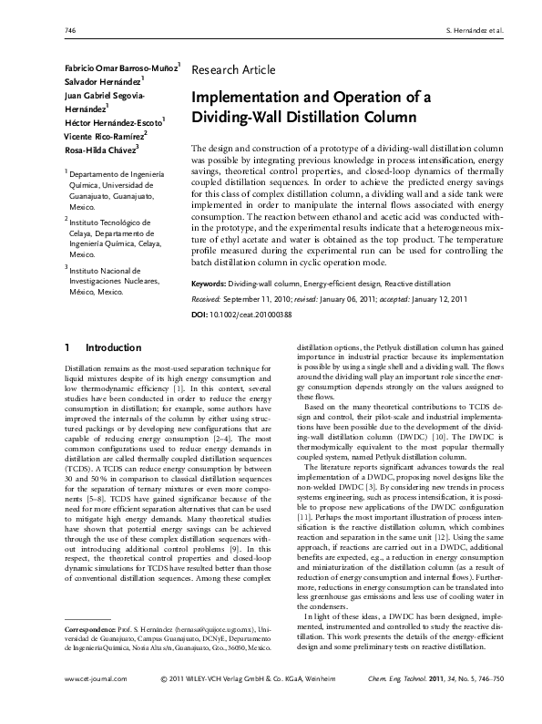 (PDF) Implementation and Operation of a Dividing-Wall Distillation Column