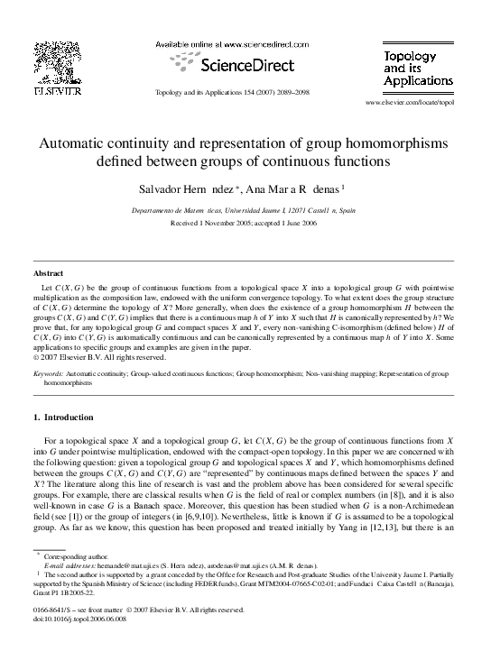 (PDF) Automatic continuity and representation of group homomorphisms defined between groups of ...