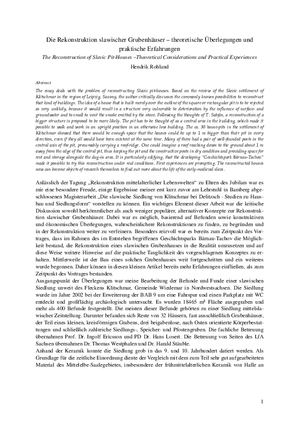 (PDF) Die Rekonstruktion slawischer Grubenhäuser. Theoretische ...