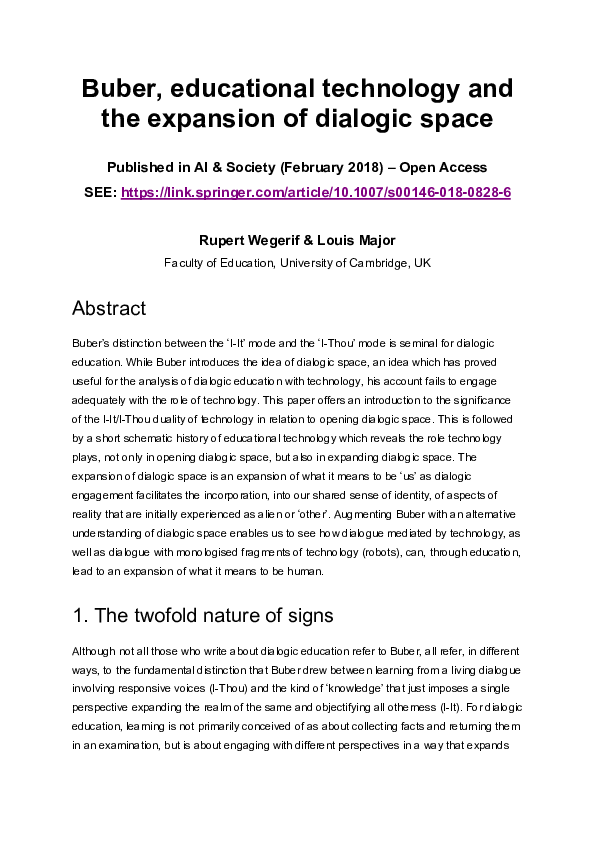 (PDF) Buber, educational technology and the expansion of dialogic space