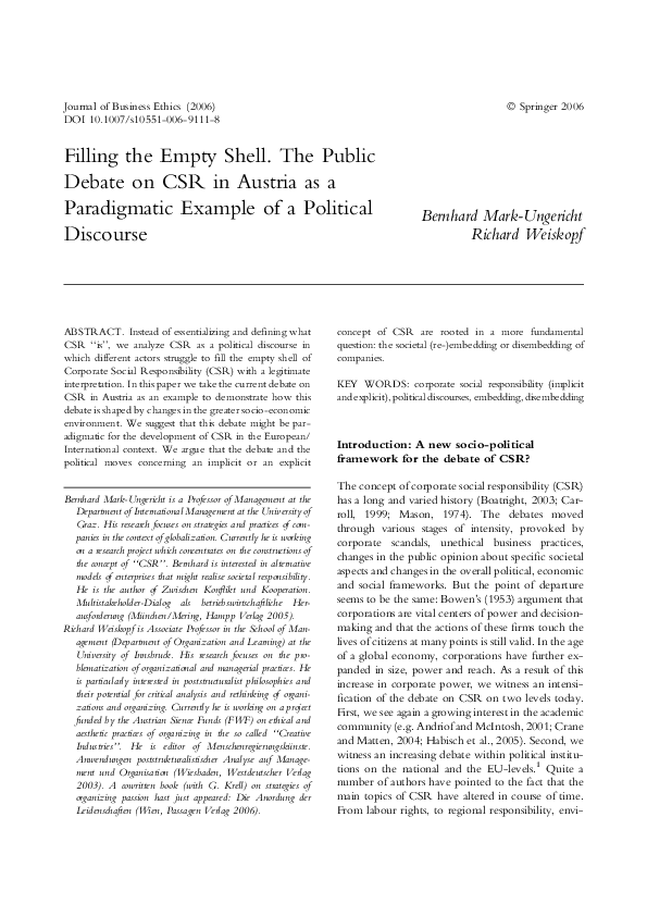 (PDF) Filling the Empty Shell. The Public Debate on CSR in Austria as a ...