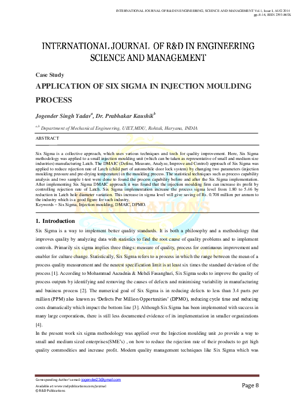 (PDF) APPLICATION OF SIX SIGMA IN INJECTION MOULDING PROCESS