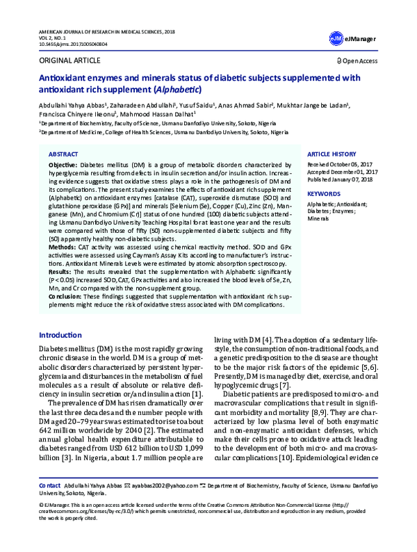 (PDF) Antioxidant enzymes and minerals status of diabetic subjects ...