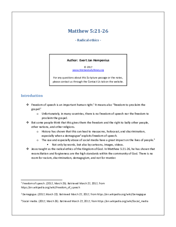 (PDF) Matthew 5:21-26 -Radical ethics - exegetical paper