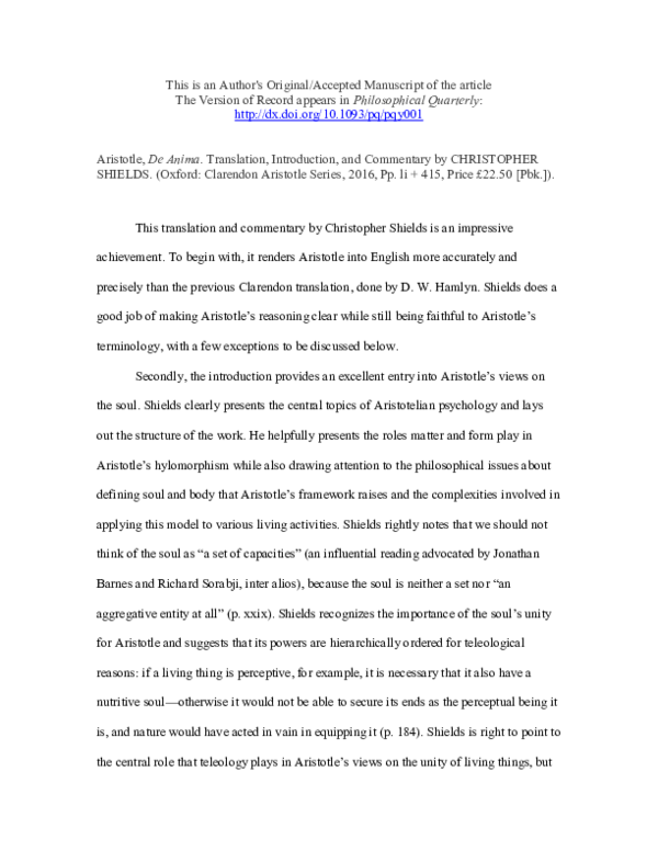 (DOC) Review of Aristotle, De Anima: Translation, Introduction, and ...