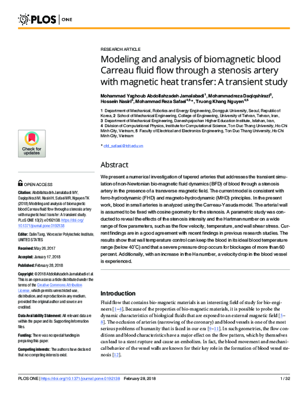 (PDF) Modeling and analysis of biomagnetic blood Carreau fluid flow through a stenosis artery ...