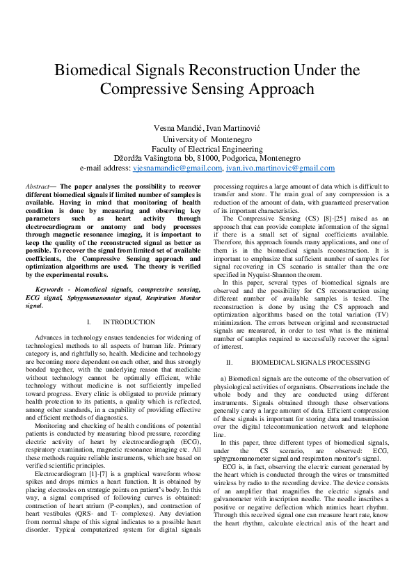 (PDF) Biomedical Signals Reconstruction Under the Compressive Sensing Approach