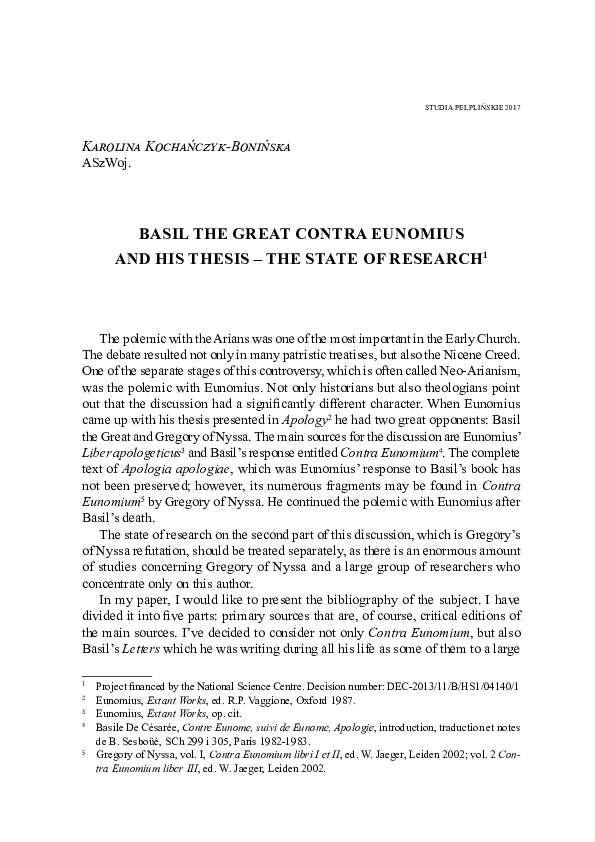 (PDF) BASIL THE GREAT CONTRA EUNOMIUS AND HIS THESIS – THE STATE OF ...