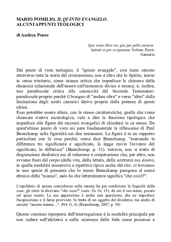 (PDF) MARIO POMILIO, IL QUINTO EVANGELO. ALCUNI APPUNTI TEOLOGICI di ...