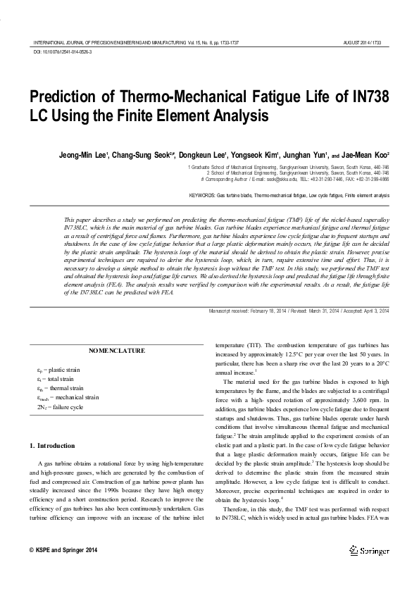 (PDF) Prediction of thermo-mechanical fatigue life of IN738 LC using the finite element analysis