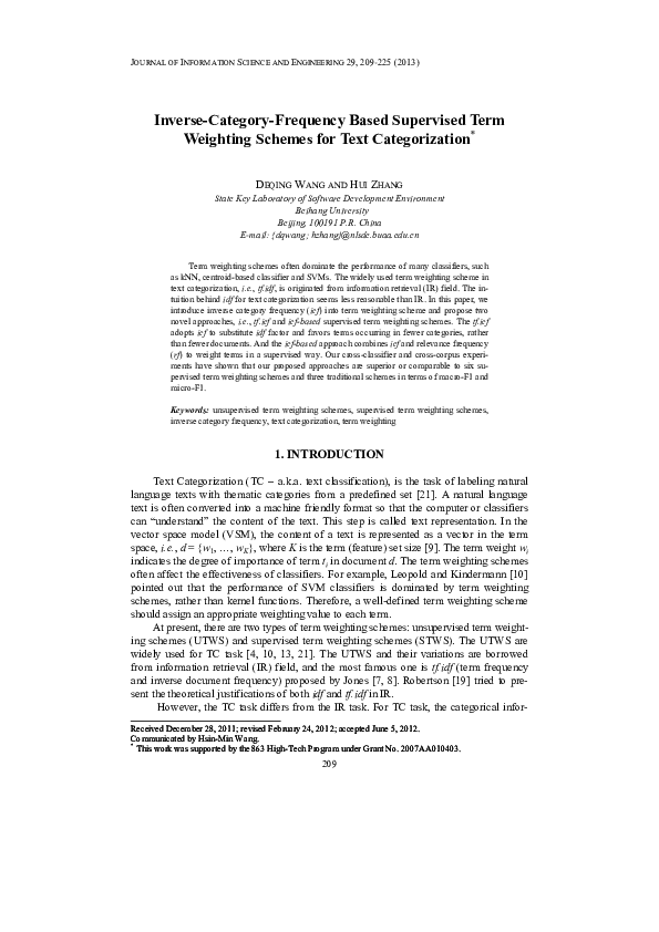 (PDF) Inverse-Category-Frequency Based Supervised Term Weighting Schemes for Text Categorization