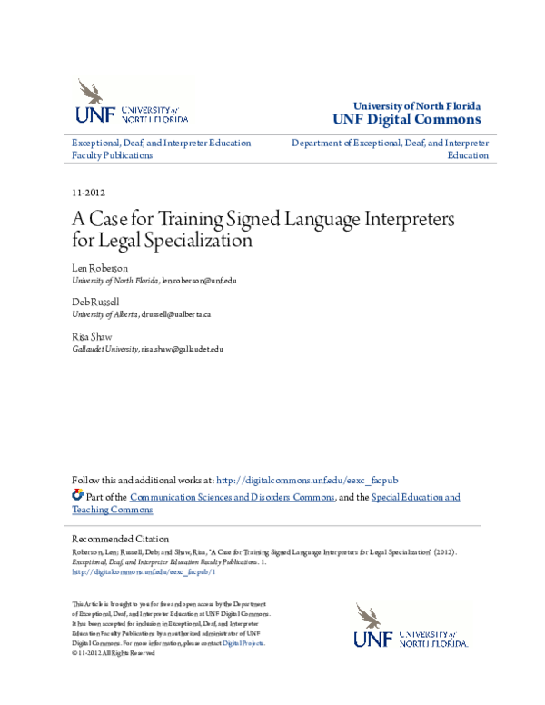 (PDF) A Case for Training Signed Language Interpreters for Legal Specialization Part of the ...