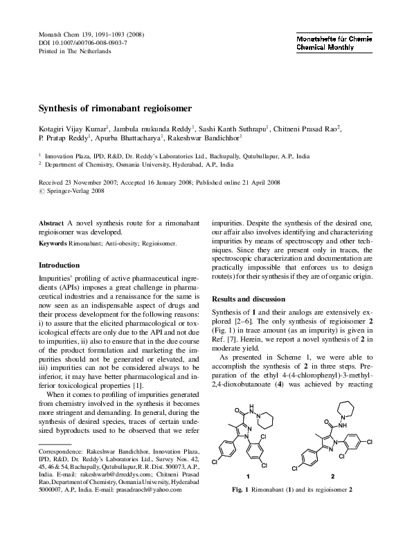 (PDF) Synthesis of rimonabant regioisomer