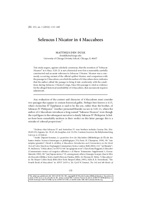(PDF) Seleucus I Nicator in 4 Maccabees (Journal of Biblical Literature)