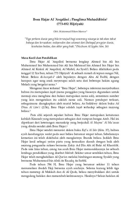 (PDF) Ibnu Hajar al-'Asqalani, Panglima Muhaddithin