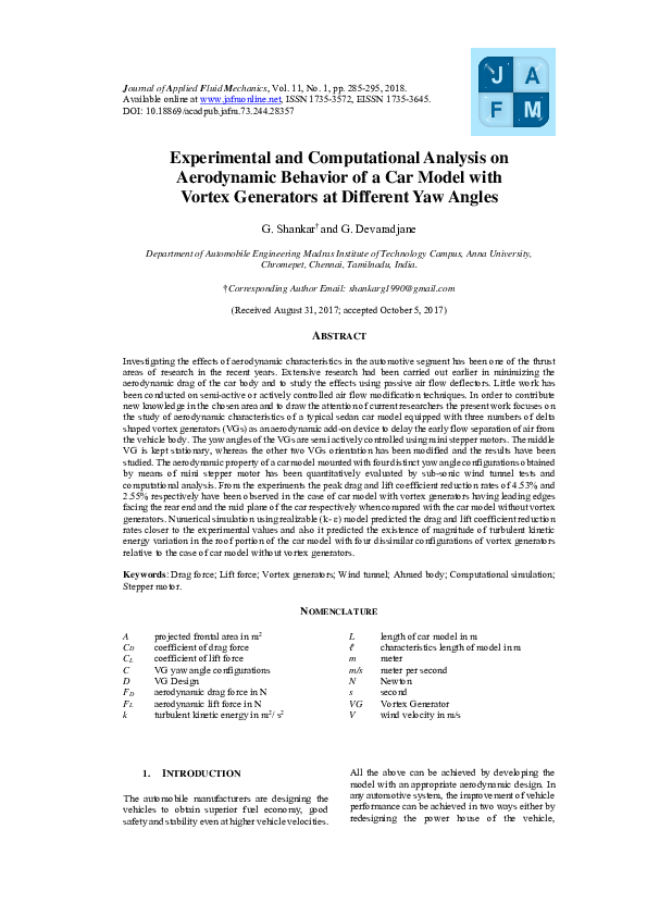 (PDF) Experimental and Computational Analysis on Aerodynamic Behavior of a Car Model with Vortex ...