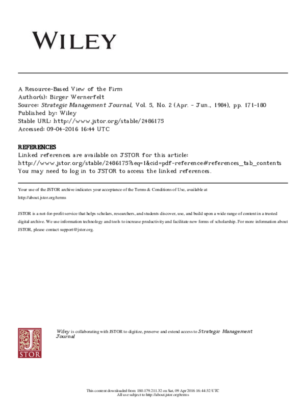 (PDF) A Resource-Based View of the Firm Author(s): Birger Wernerfelt ...