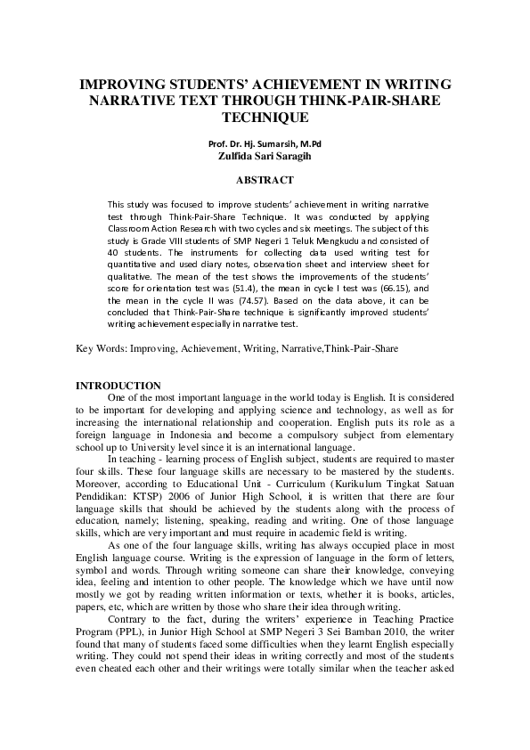 (PDF) IMPROVING STUDENTS' ACHIEVEMENT IN WRITING NARRATIVE TEXT THROUGH THINK-PAIR-SHARE TECHNIQUE