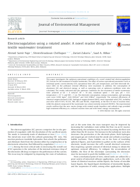 (PDF) Electrocoagulation using a rotated anode: A novel reactor design ...