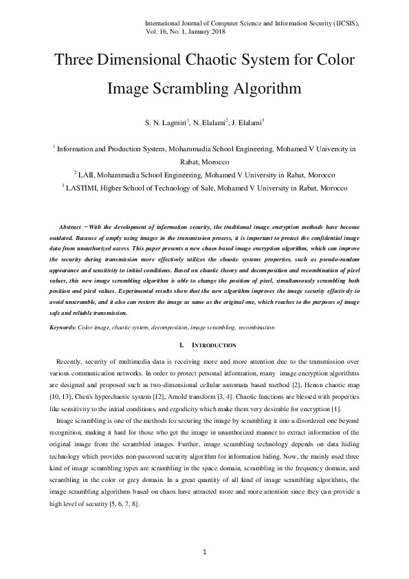 (PDF) Three Dimensional Chaotic System for Color Image Scrambling Algorithm | NAJOUA S LAGMIRI ...