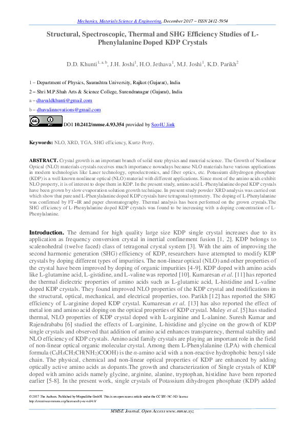 (PDF) Structural, Spectroscopic, Thermal and SHG Efficiency Studies of ...