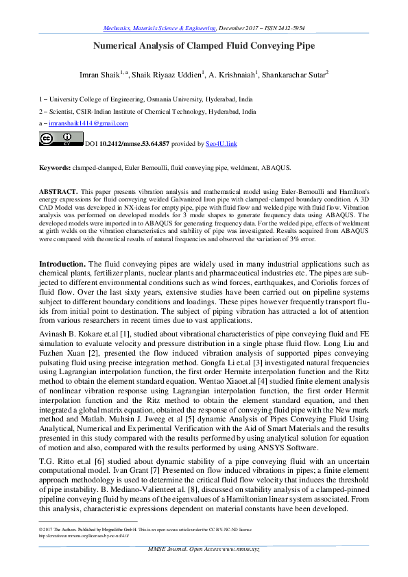 (PDF) Numerical Analysis of Clamped Fluid Conveying Pipe